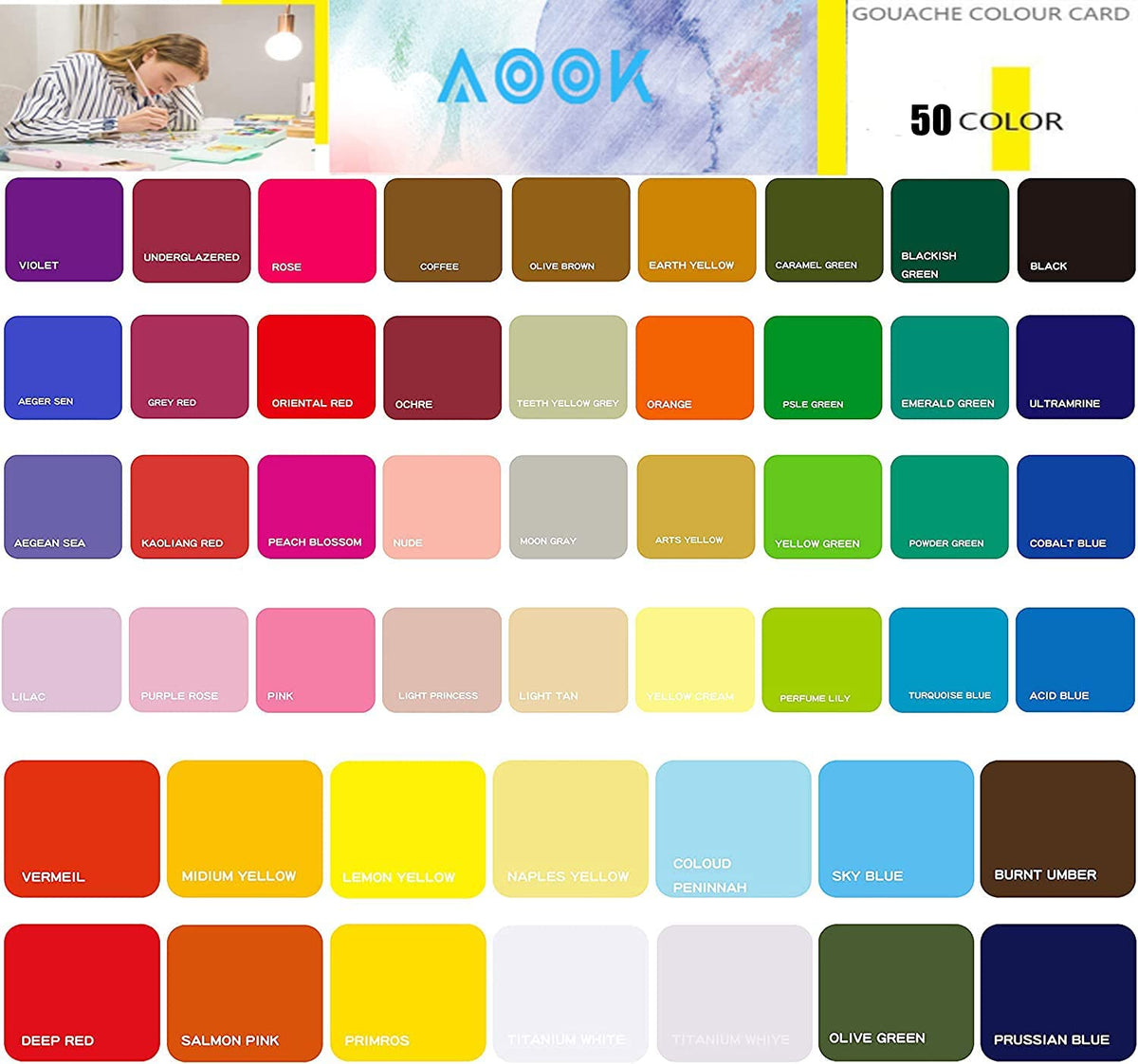 AOOK MIYA HIMI Gouache Paint Set, 50 Colors 36*30ml+14*60ml. The Uniqu ...